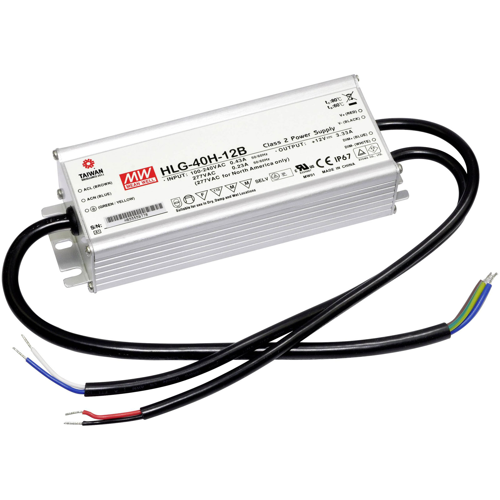 Mean Well HLG-40H-24B LED driver 40W 1.67A dimmable IP67 surge protection | Rapid Electronics