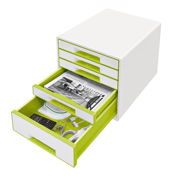 Leitz Pearl White / Green Drawer Unit WOW CUBE A4 Maxi 5 Drawer | Rapid ...