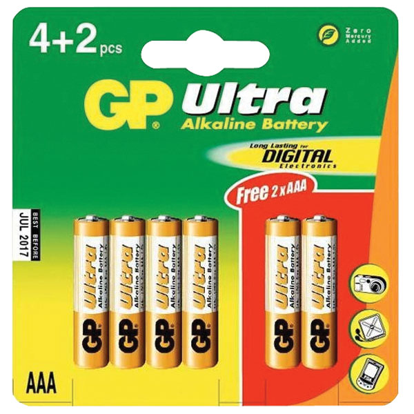 GP Ultra Alkaline Batteries AAA Pk4 + 2 Free | Rapid Electronics