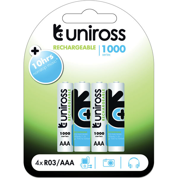 Uniross AAA Batteries 1000mAh Performance Rechargeable NiMH 4 Pack ...