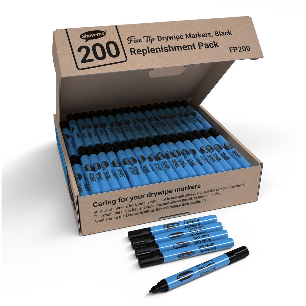 Show-me FP200 Box 200 Fine Tip Slim Barrel Drywipe Markers - Black ...
