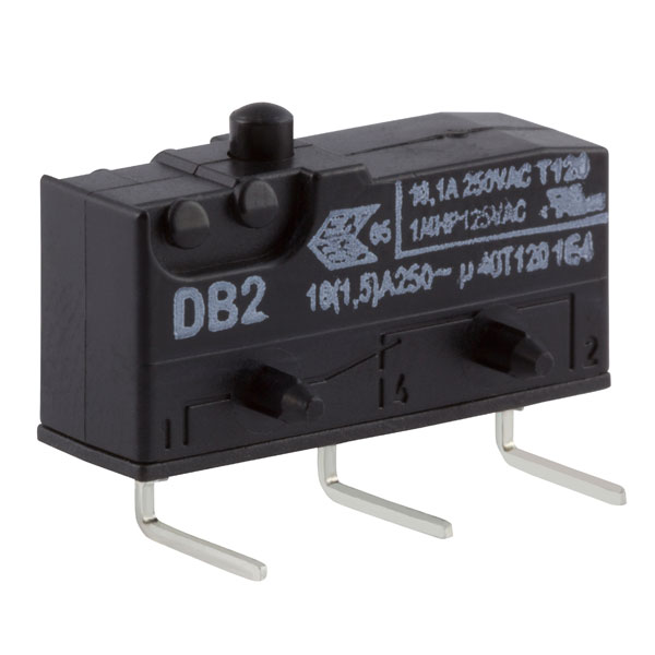 ZF DB2C-D2AA Microswitch SPDT 10A 250V AC, Button, Right-hand PCB | Rapid Electronics