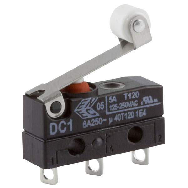 ZF DC1C-A1RB Microswitch SPDT 6A 250V AC, Short Roller, Solder, IP67 | Rapid Electronics