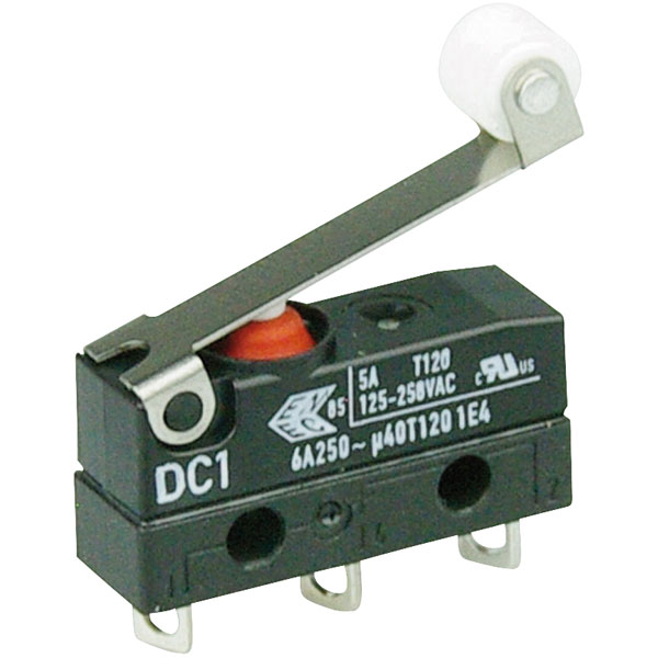 ZF DC1C-A1RC Microswitch SPDT 6A 250V AC, Medium Roller, Solder, IP67 | Rapid Electronics