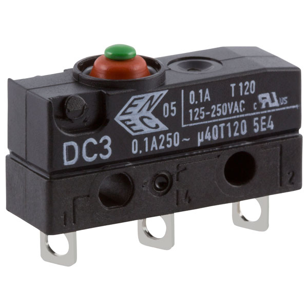 ZF DC3C-A1AA Microswitch SPDT 0.1A 250V AC, Button, Solder, IP67 | Rapid Electronics