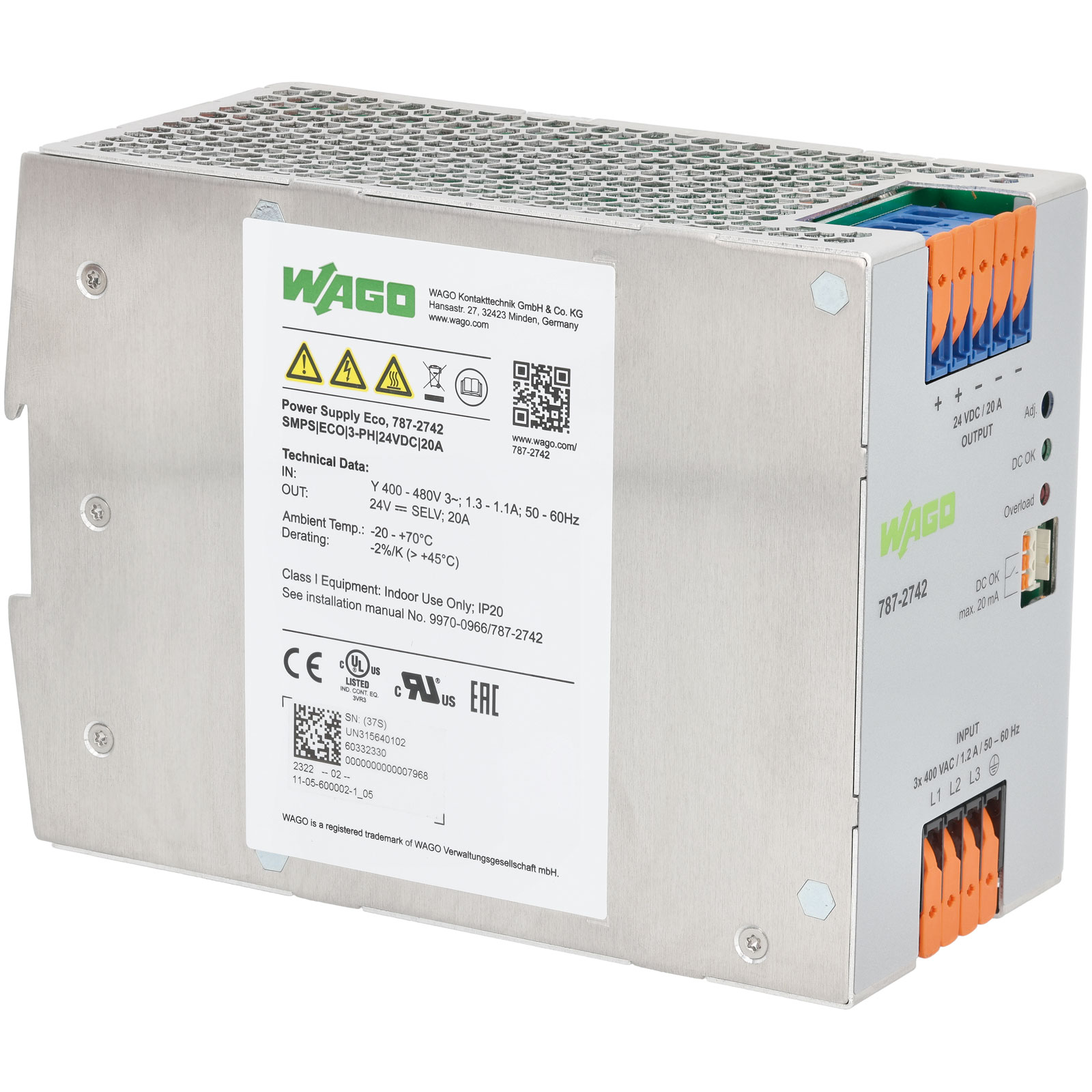 WAGO 787-2742 Eco Three Phase 24VDC 20A DIN-35 Rail Power Supply Unit ...