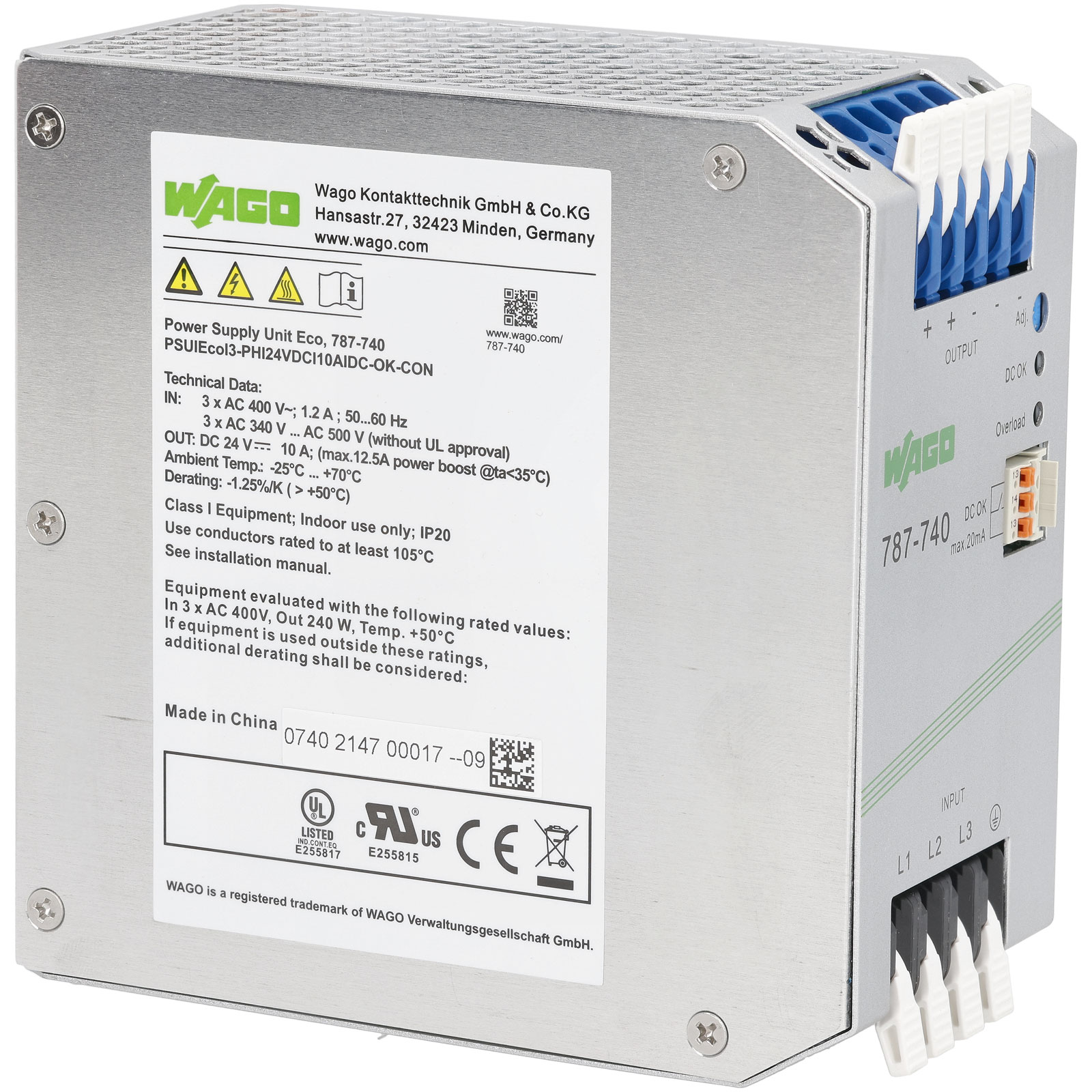 WAGO 787-740 Eco Three Phase 24VDC 10A Switched-Mode Power Supply ...