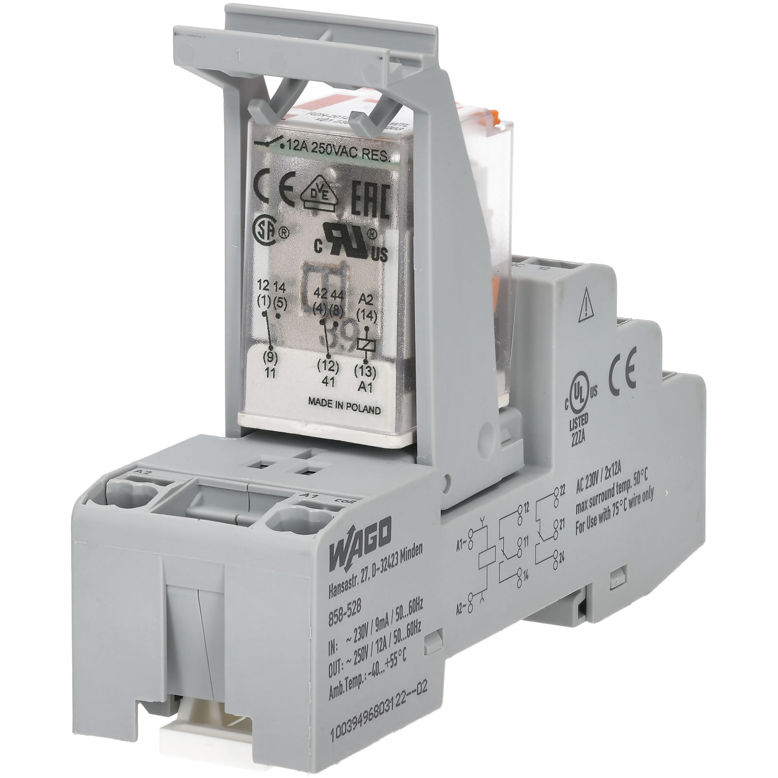 WAGO 858-528 230VAC 12A DPDT-CO DIN Rail Mountable Relay Module | Rapid Online