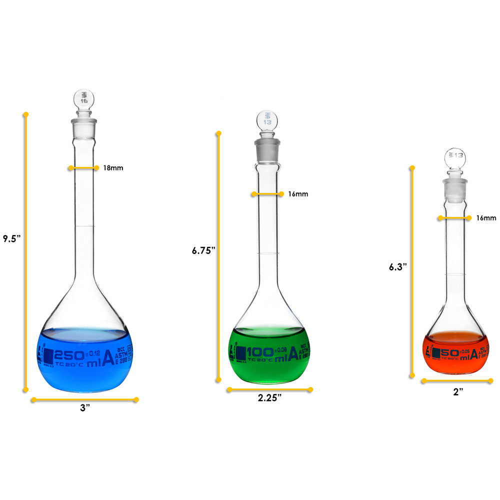EISCO CH196042 Premium Volumetric Flask Set, Class A, Borosilicate 3.3 ...