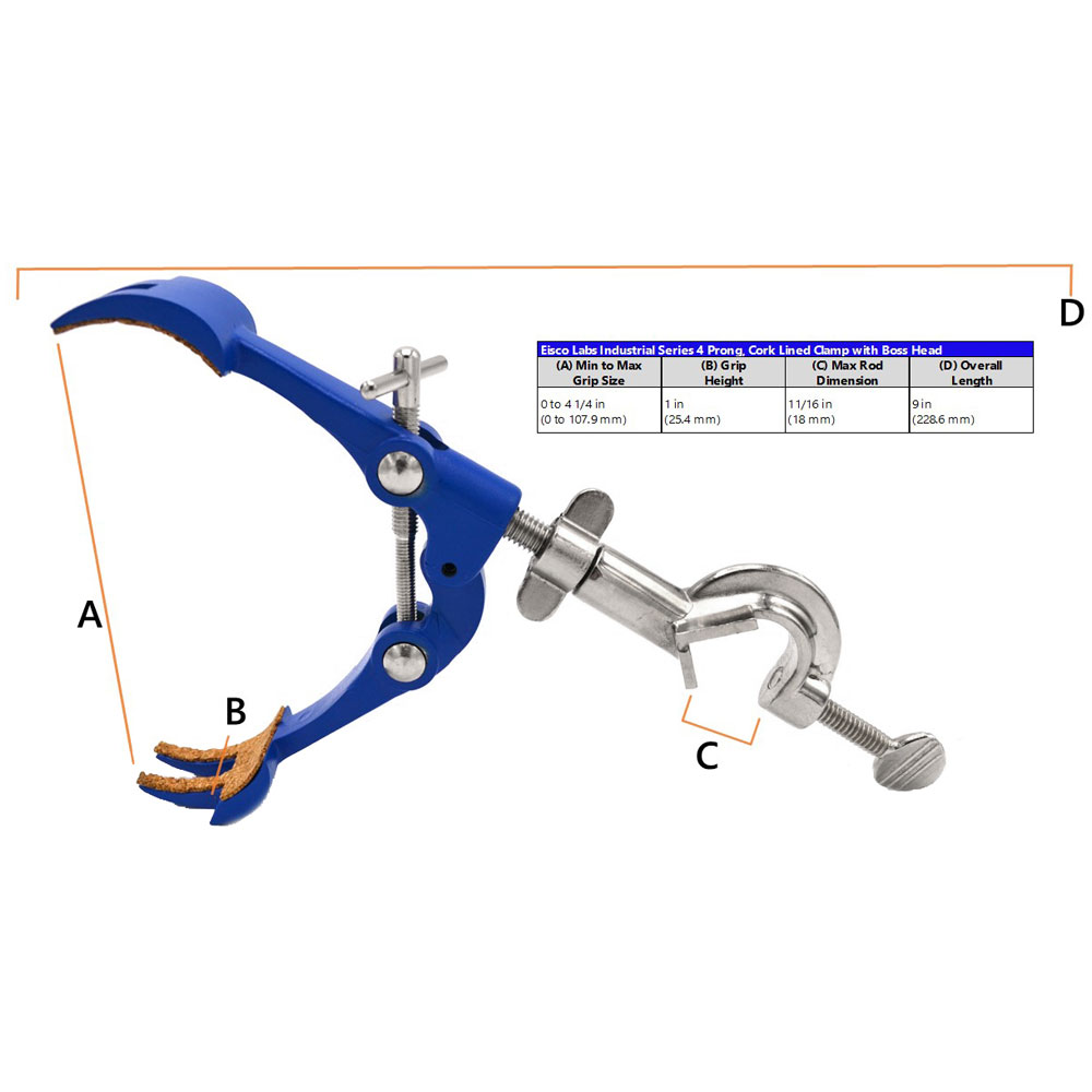 EISCO PRCMP02BH 4 Prong, Cork Lined Clamp, Swivel Bosshead, Industrial ...