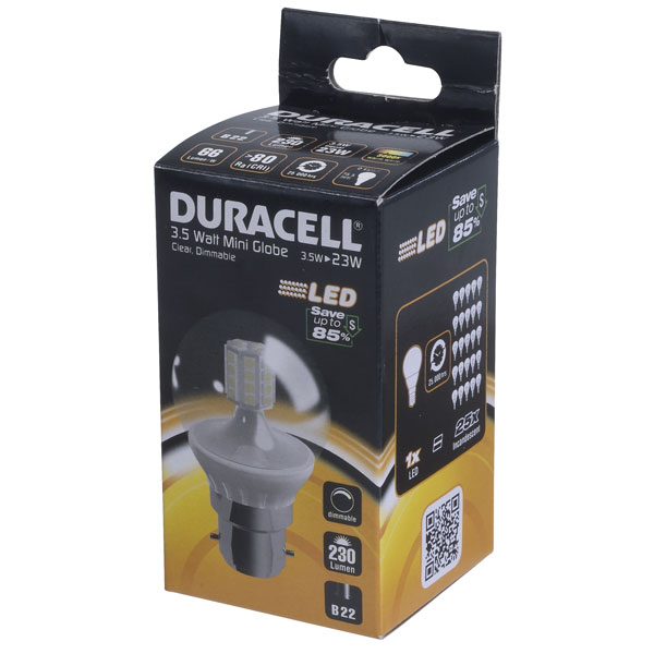 Duracell LED 3.5W Clear Mini Globe Dimmable Bulb BC Cap | Rapid Electronics