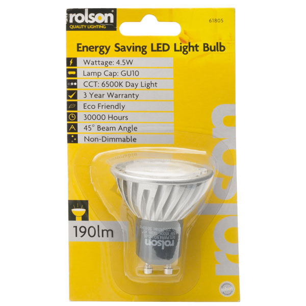 Rolson 61805 4.5W GU10 LED Natural White Light Bulb 6500K 190lm Non ...