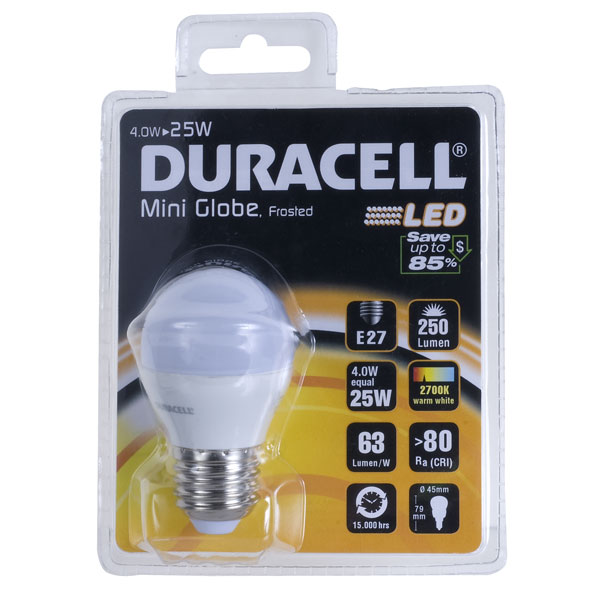 Duracell 4W Mini Globe Bulb E27 Warm White 250lm | Rapid Electronics