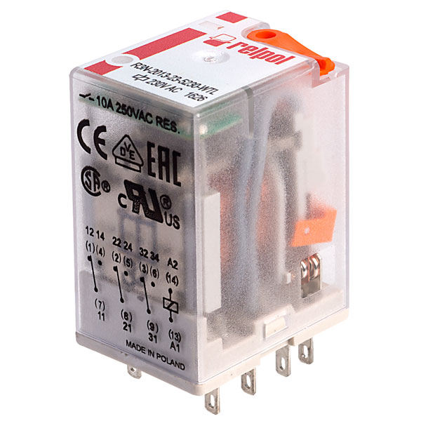 Relpol R3N-2013-23-5230-WTL Industrial 230V AC 10A 3PDT Plug-In Relay ...