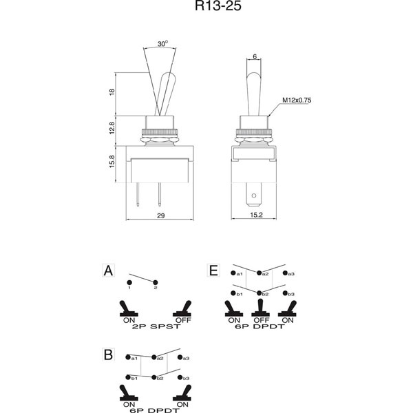 SCI R13-25E1-05 DPDT Centre-Off Toggle Switch 250V AC 6A | Rapid Electronics