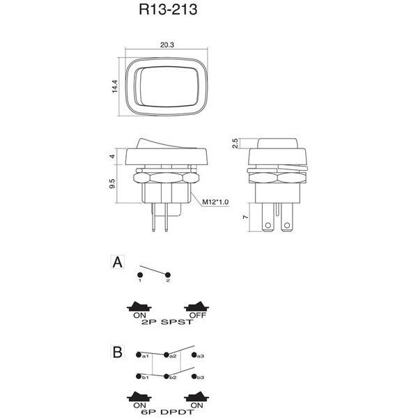 SCI R13-213B-03 DPDT Rocker Switch 3A 250V AC | Rapid Electronics