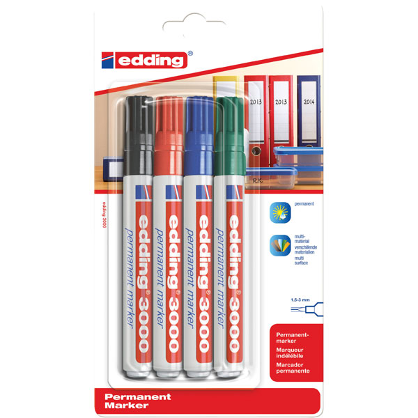 Edding 4-3000-4 Assorted Round Tip Permanent Marker E-3000-4 Pack of 4 ...