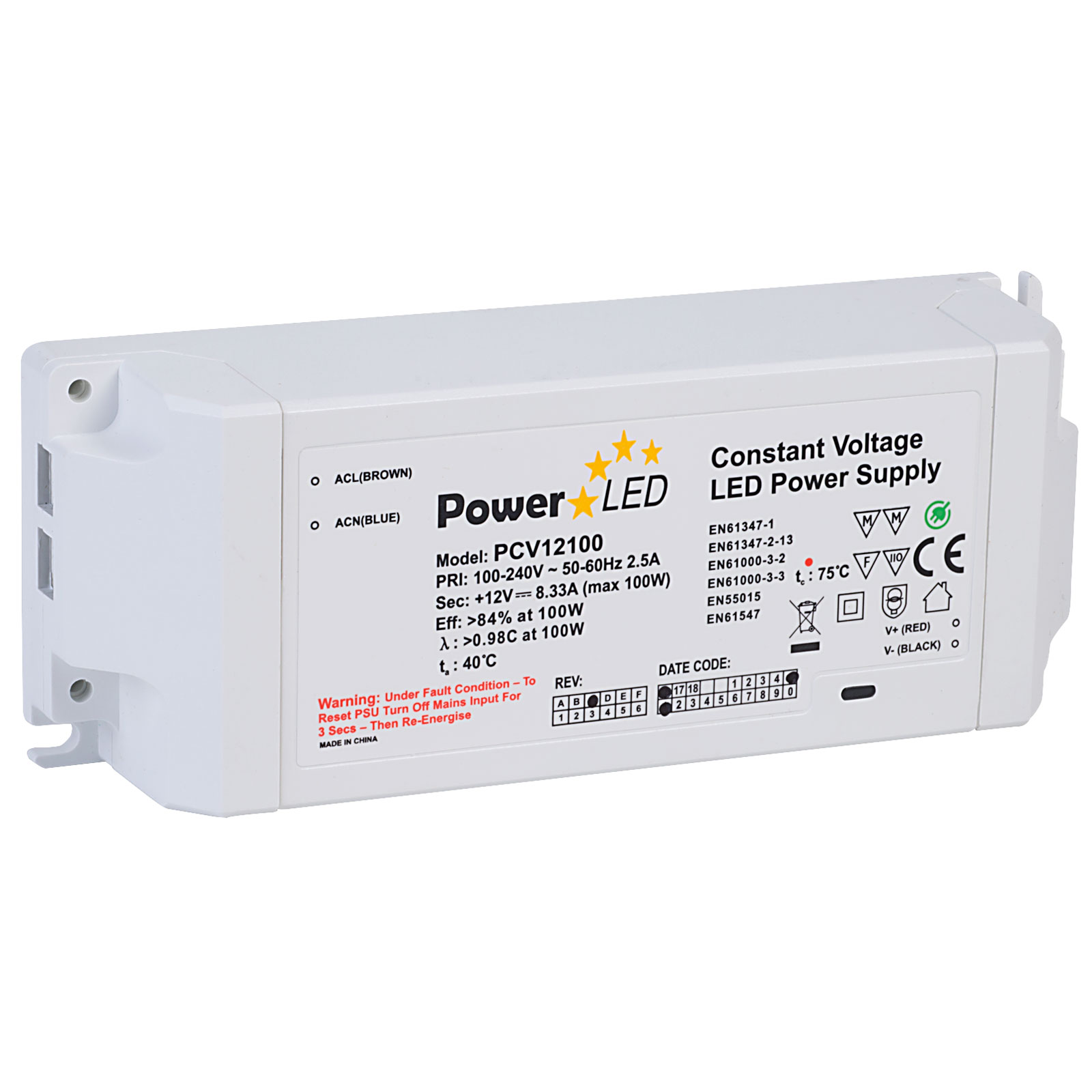 PowerLED PCV12100-REV-C Constant Voltage LED Power Supply 12V 8.33A 100W | Rapid Electronics
