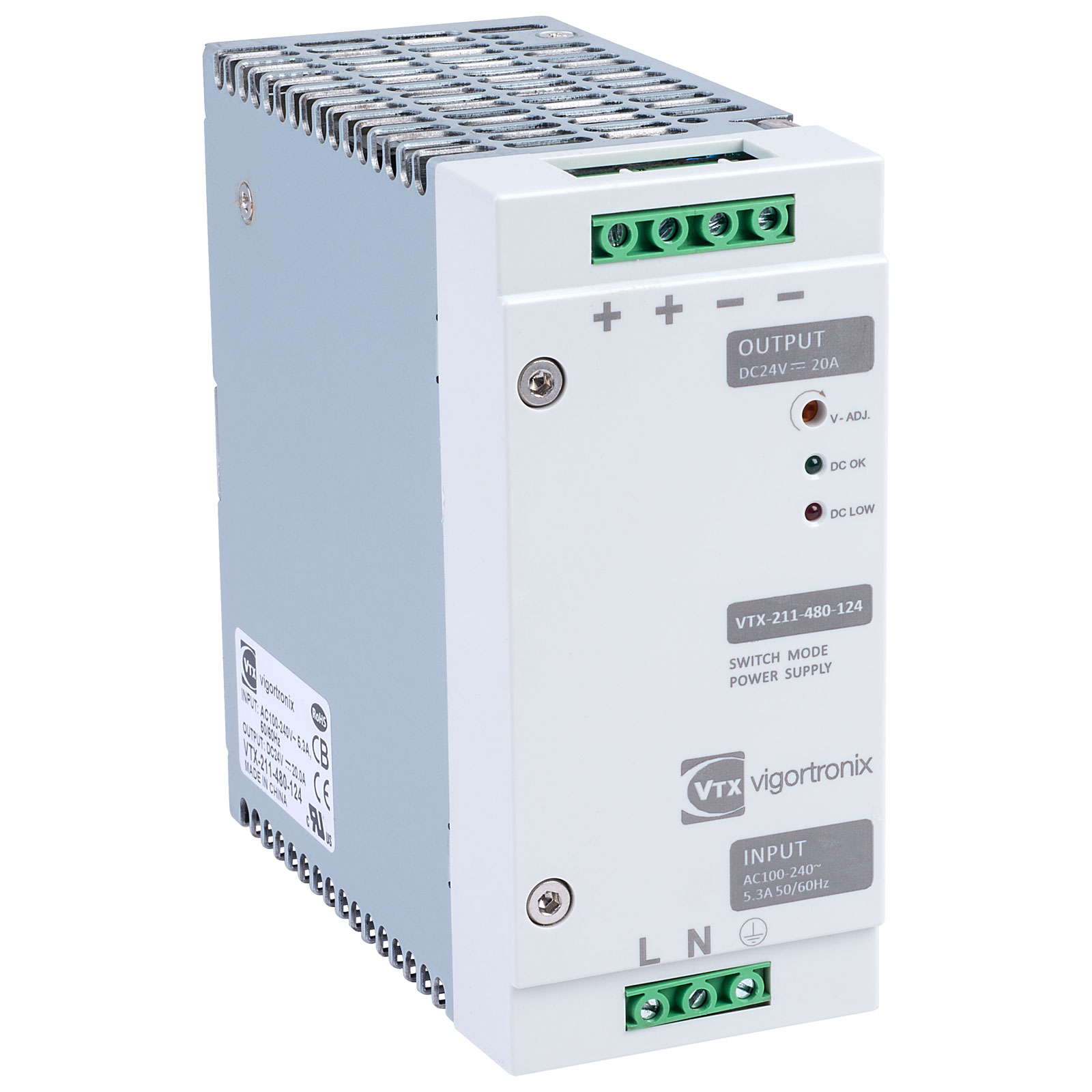 Vigortronix VTX-211-480-124 480W DIN Rail Power Supply 90-264V AC - 24V ...