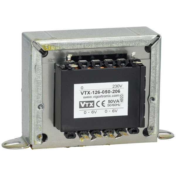 Vigortronix VTX-126-050-206 Chassis Mount Transformer 230V 50VA 6V+6V | Rapid Electronics