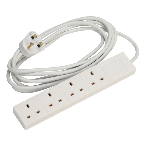 Extension Cable 4mtr 4 x 230V Sockets White | Rapid Electronics