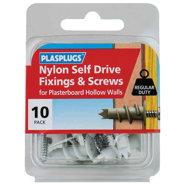 Plasplugs HNSS010 Nylon Self Drive Fixings & Screws Pack of 10 | Rapid Electronics